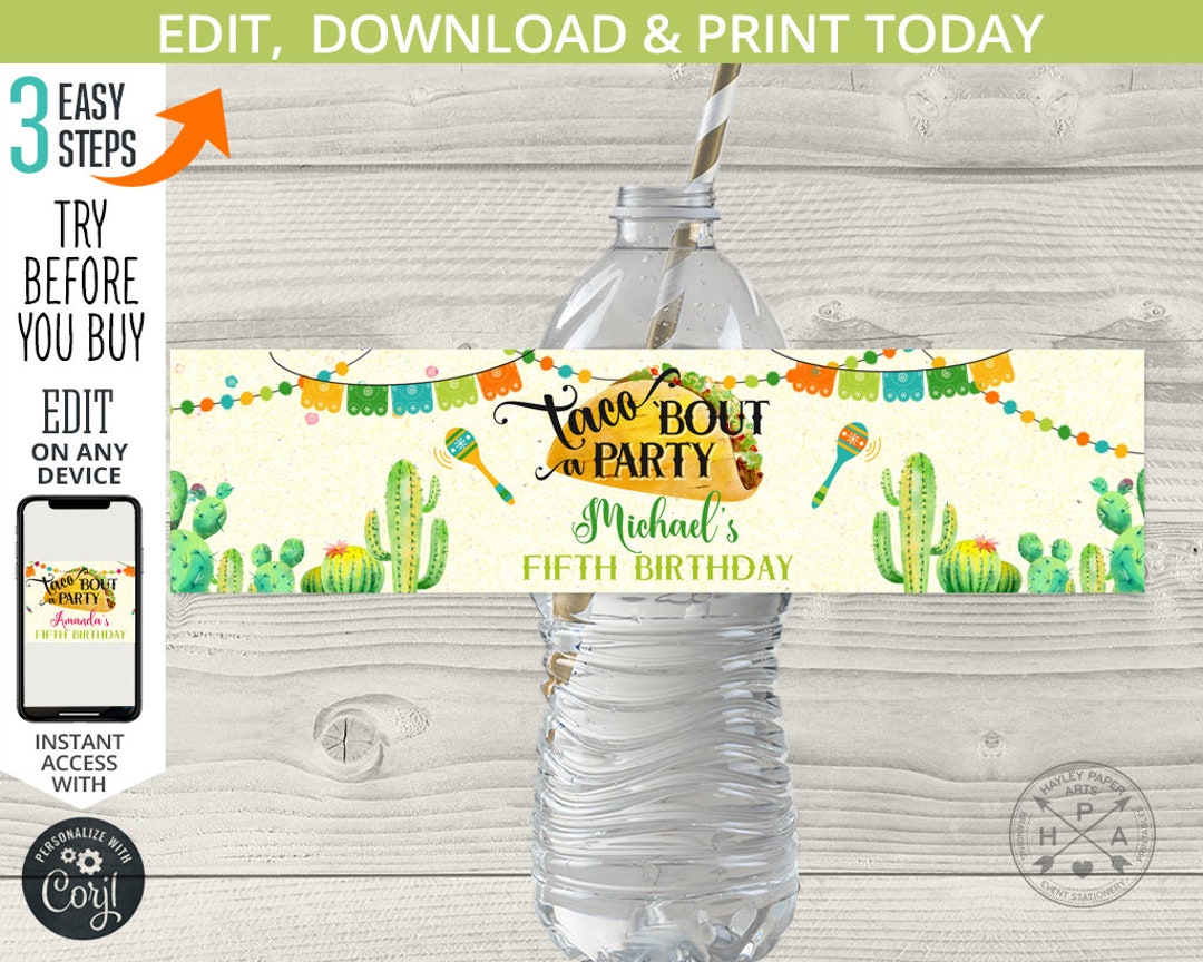 Taco Bout Birthday Party Bottle Label. Cactus Succulent Kids Fun Fiesta ...