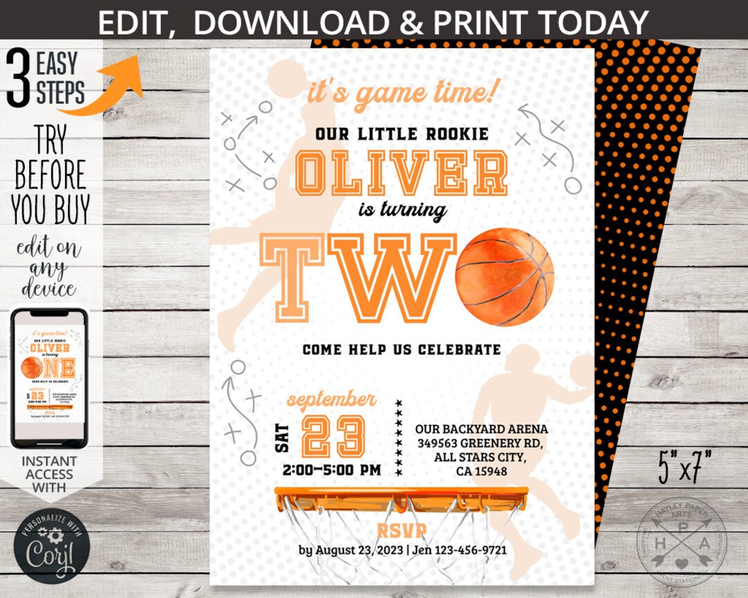Basketball Sports Birthday Invitation TWO All Stars Boy Second Party ...