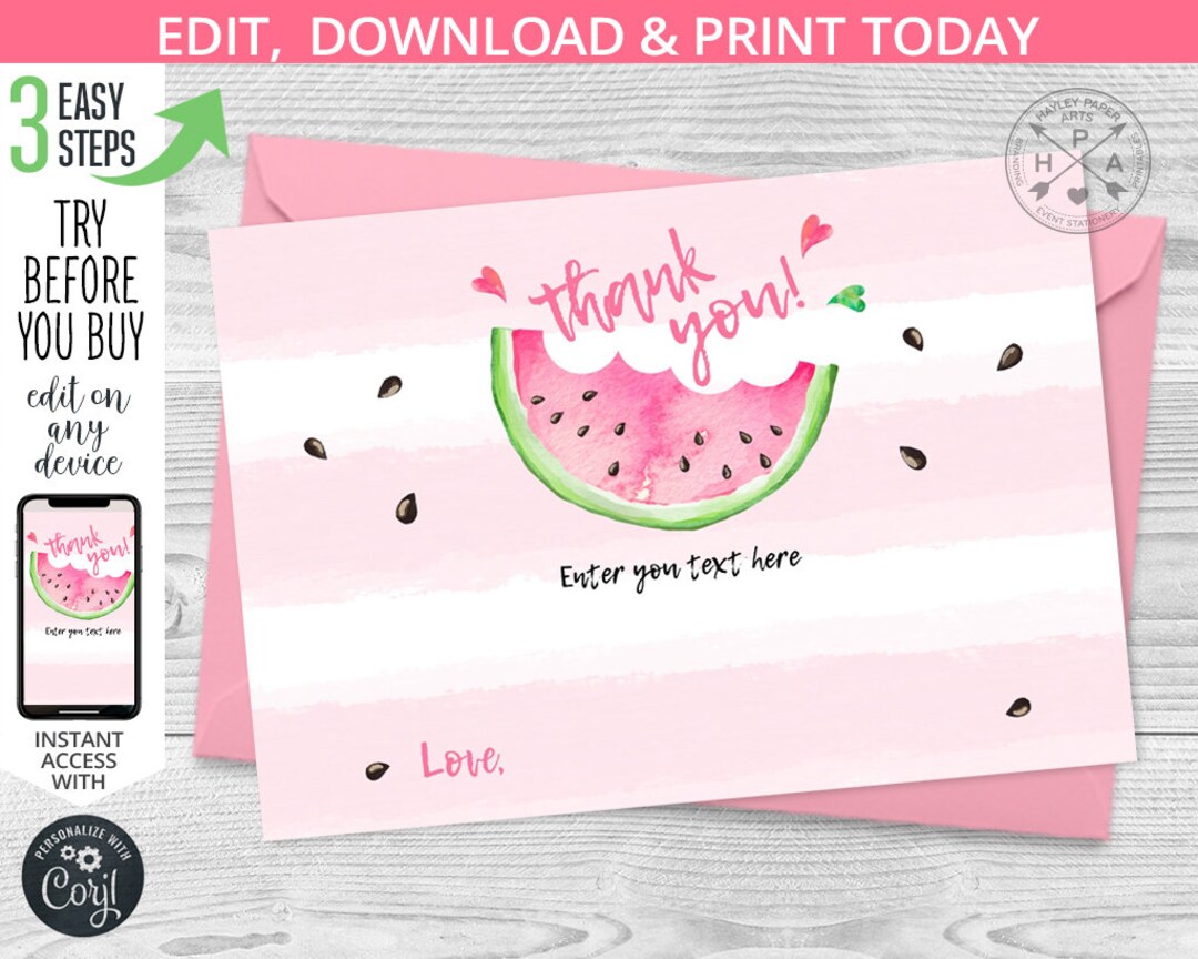 EDITABLE Watermelon Thank You Card, Thanks a Melon, Thanks Note Cards ...