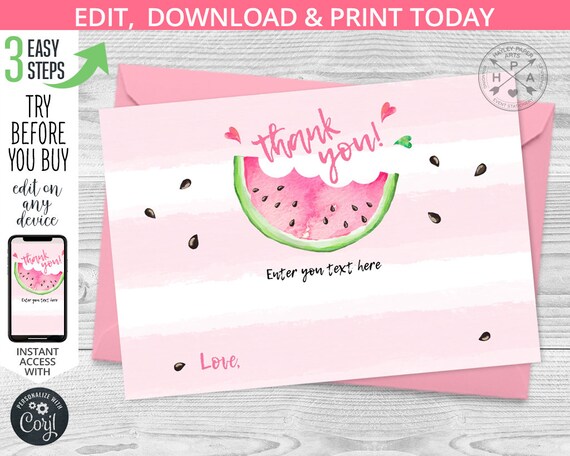 EDITABLE Watermelon thank you card, thanks a melon, thanks note cards ...