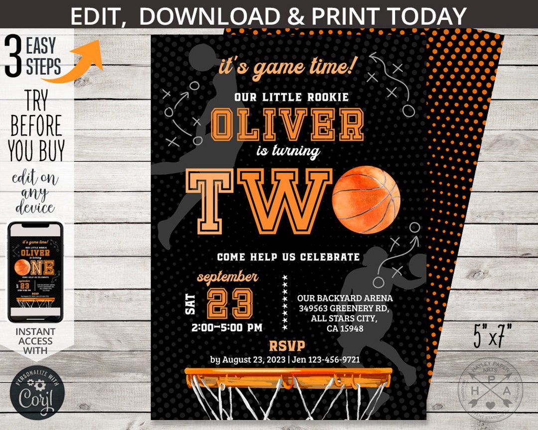 Basketball Sports Birthday Invitation TWO All Stars Boy Second Party ...