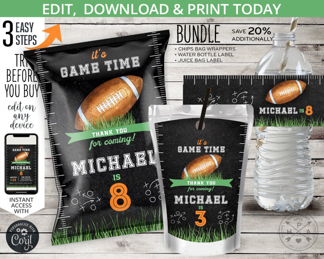 Football Birthday Printables, Bundle, Chips Bag, Water Bottle Label ...