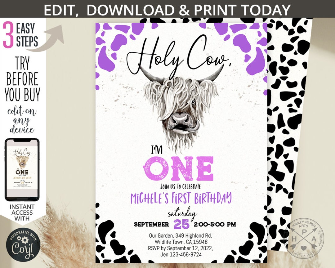 Holy Cow Birthday Invitation Highland Cow Girl I'm One Purple Pink ...