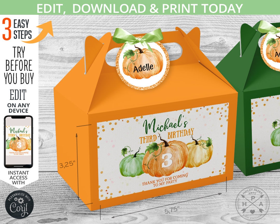 EDITABLE Pumpkin Gable Gift Box Labels and Tags. Handle Favor Takeway ...