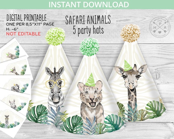 Safari animals party hat. Jungle birthday party supplies. Kids paper ...