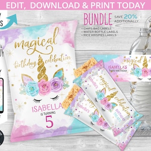 BUNDLE Unicorn Magical Chip or Snacks Bag, Water Bottle Label, Rice ...