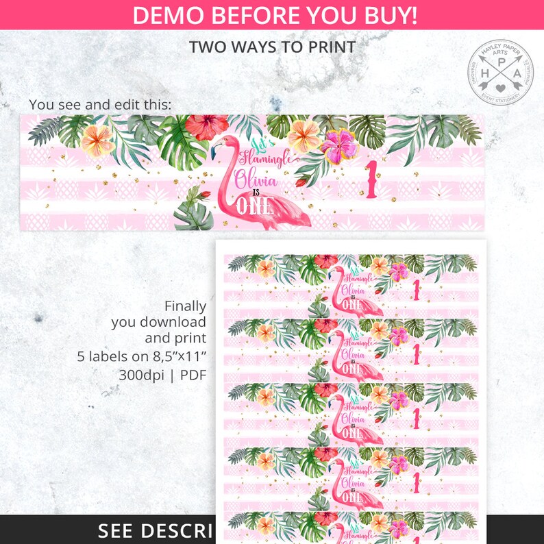 Flamingo Water Bottle Label Birthday Tropical Pineapple Pink Let's ...