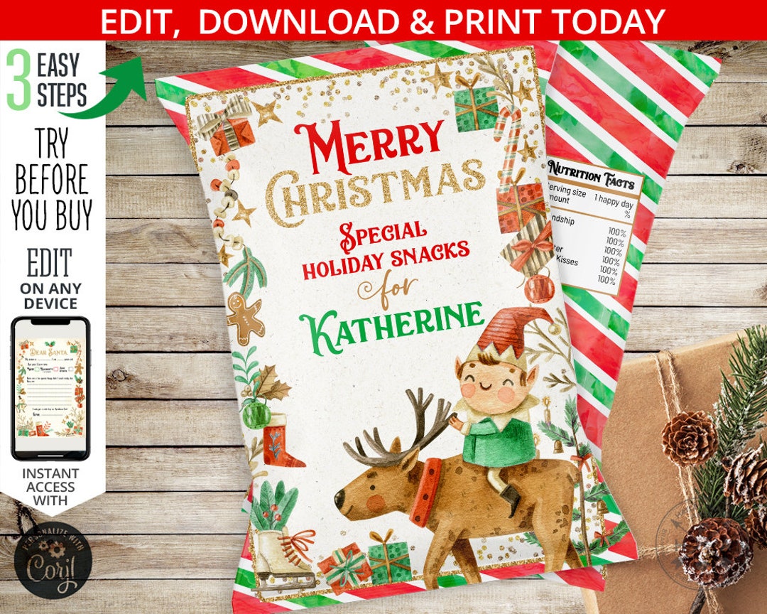 Christmas Chip Bag, Holiday Snacks Treat Bags, Elves Elf Favor Chips ...
