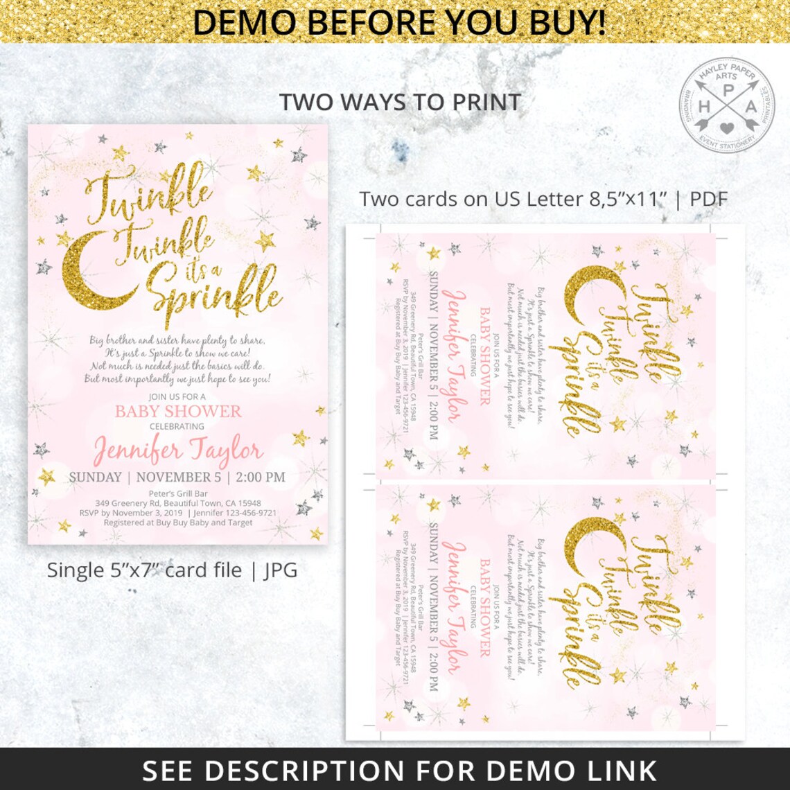 EDITABLE Twinkle It's a Sprinkle Baby Shower Poem Gold Pink Script ...