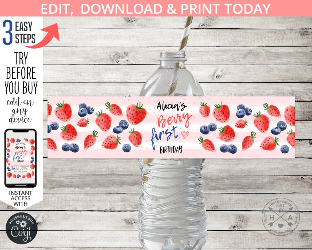 Strawberries Water Bottle Label Birthday Berry First Girl ONE Party ...