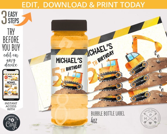 Construction Bubble Bottle Label Truck Digging Bulldozer Boy | Etsy