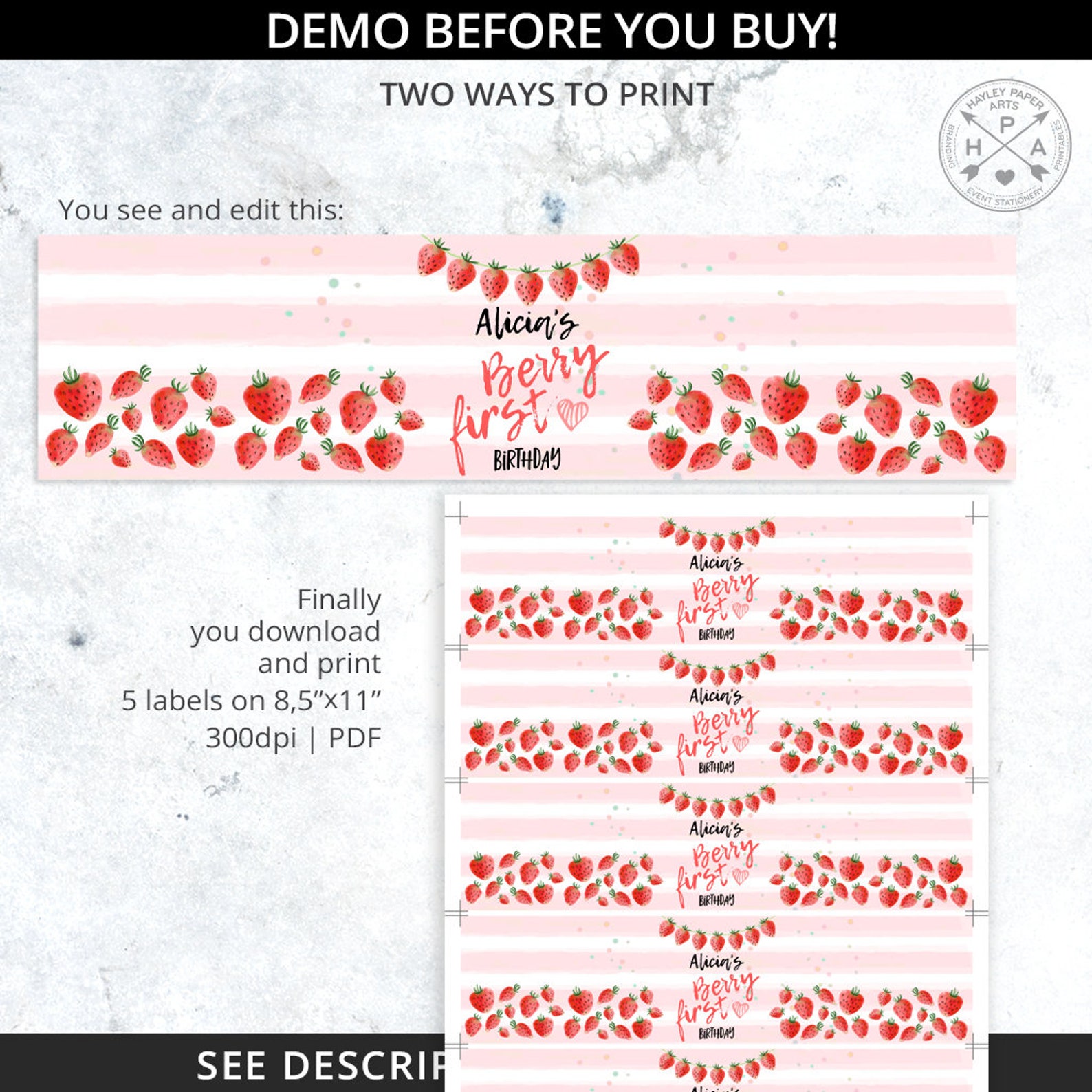 Strawberries Water Bottle Label Birthday Berry First Girl ONE Party ...