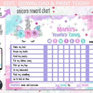 Unicorn Reward Chart for Girls Kids Behavior Daily Chore Charts Daily ...