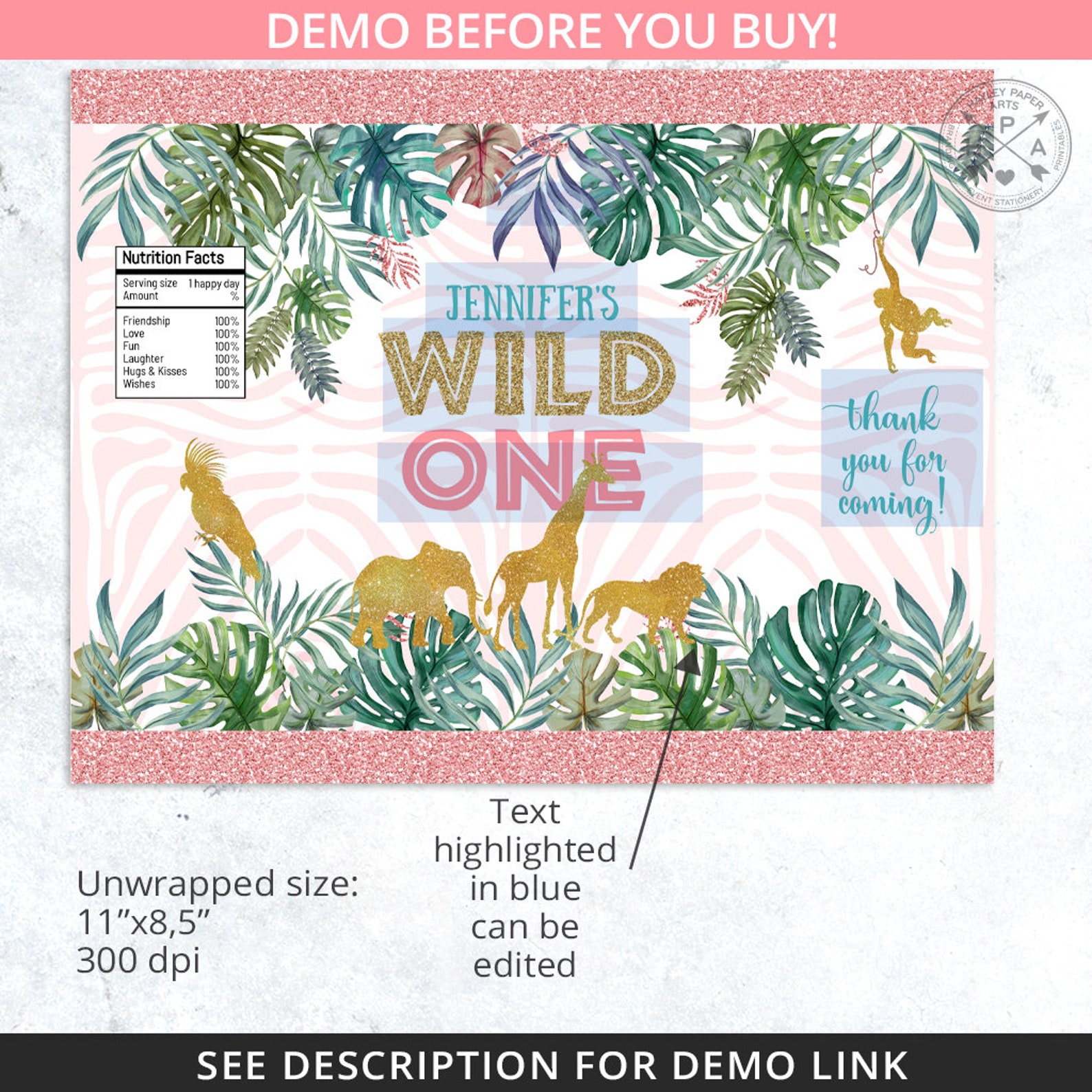 Jungle Wild One Pink Chips Bag Snacks Treat Bags Safari Chip | Etsy