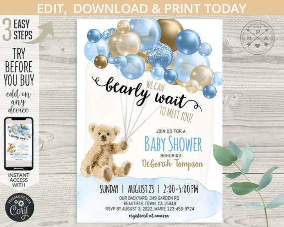 Teddy bear balloons baby shower invitation, bearly wait blue gold ivory ...