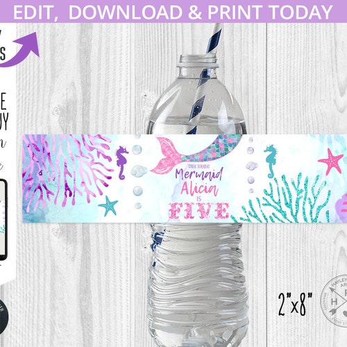 Mermaid Tail Water Bottle Label Birthday Celebration Purple - Etsy