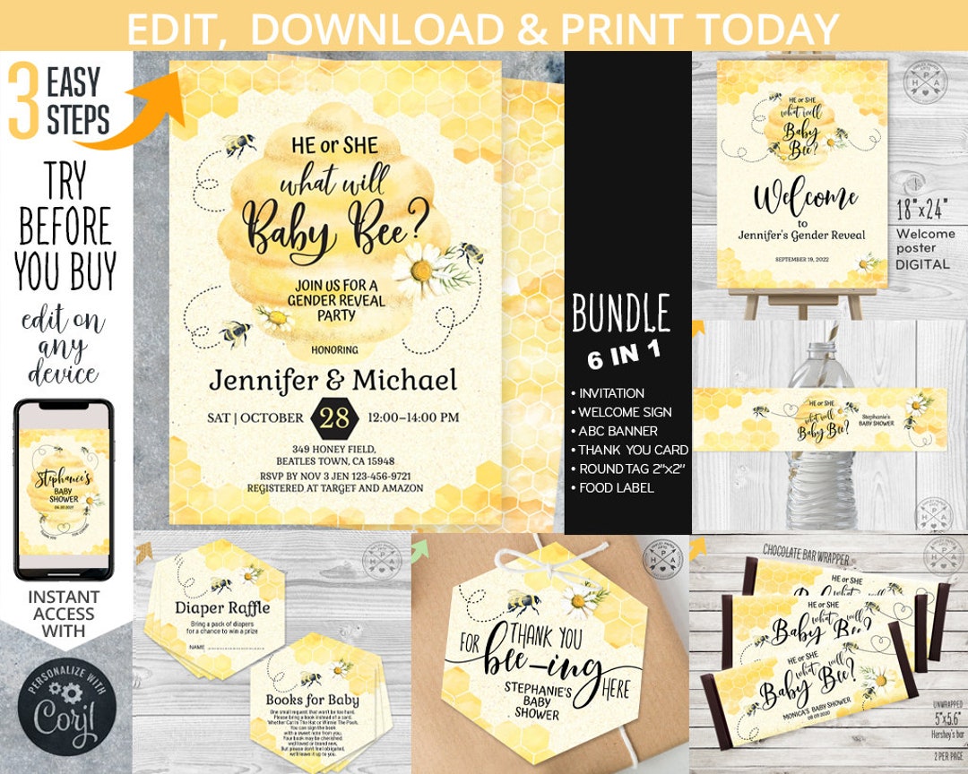 BUNDLE Bee Invitation Party Pack, Welcome Sign, Raffle Cards, Bottle ...