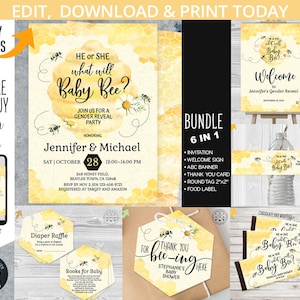 BUNDLE Bee Invitation Party Pack, Welcome Sign, Raffle Cards, Bottle ...