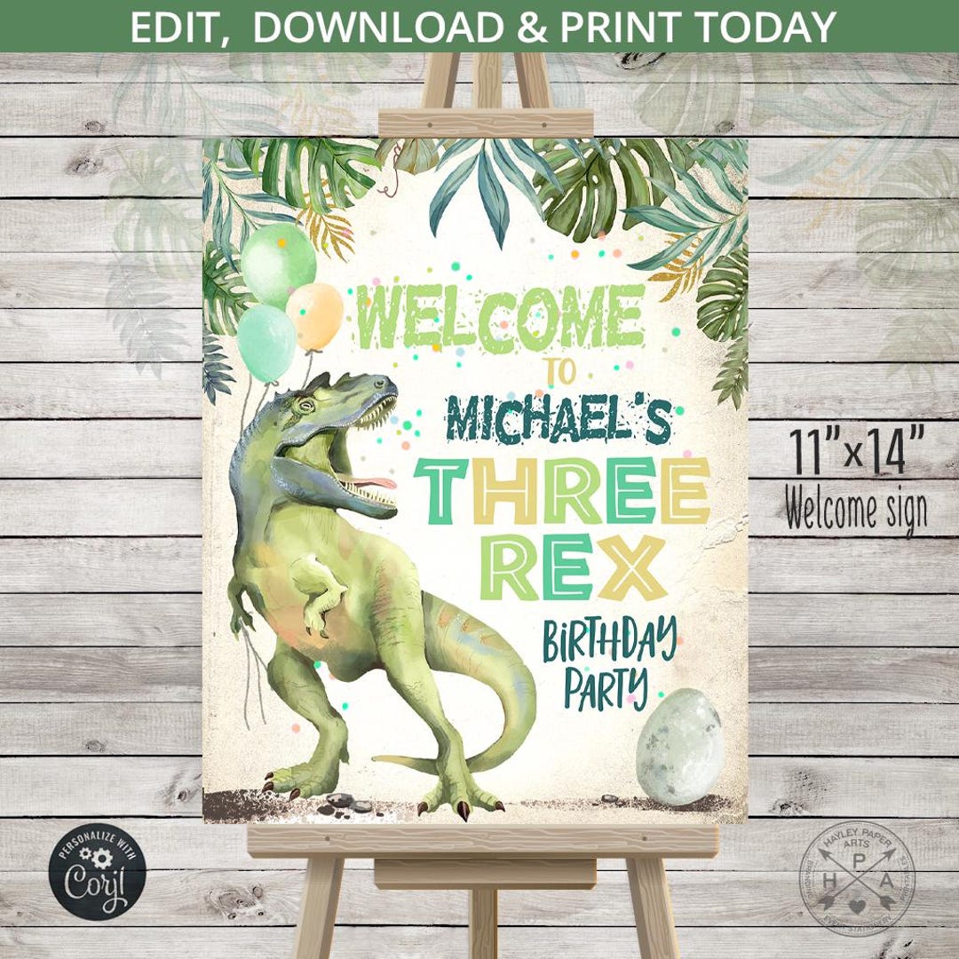 Dinosaur Welcome Sign Three Rex 11x14 Poster 3rd Third Birthday. Dino ...