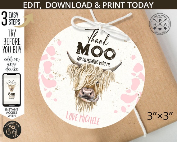 Cow thank you tag. Holy cow highland thank moo circle round 3x3 ...