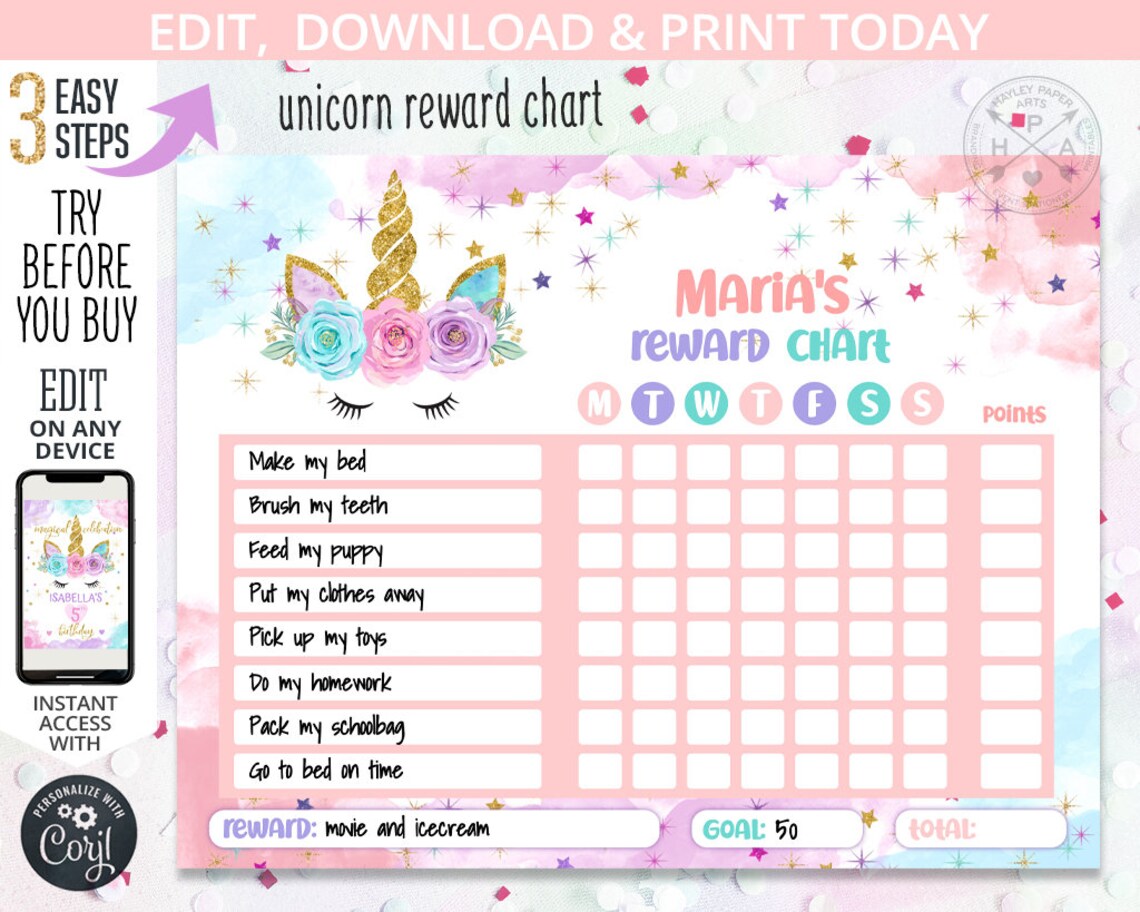 Unicorn Reward Chart for Girls Kids Behavior Daily Chore Charts Daily ...