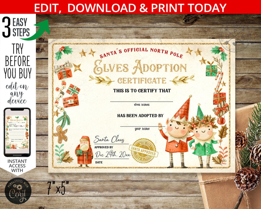 Elves Adoption Certificate. Adopt Your Elf Letter. Christmas Elf Card ...