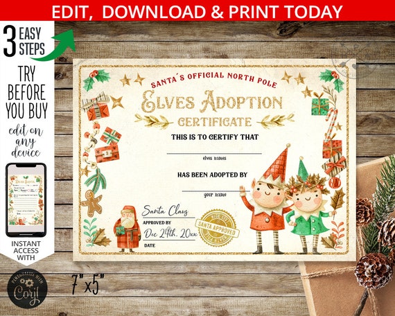 Elves adoption certificate. Adopt your elf letter. Christmas elf card ...
