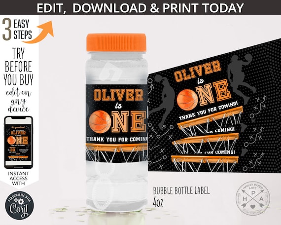 Basketball bubble bottle label ONE first birthday sports games boy ...