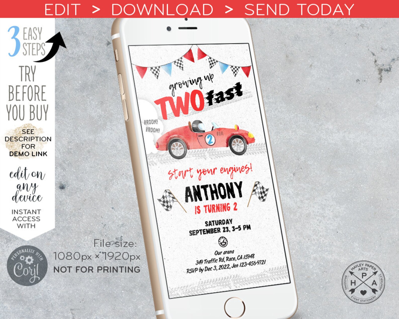 Two Fast Race Car Electronic Birthday Party Boy Invitation Vintage ...