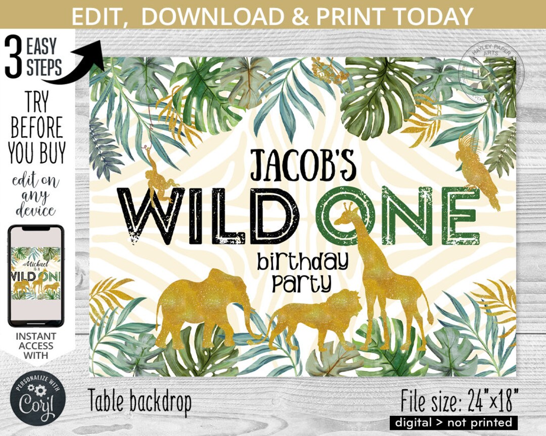 EDITABLE Jungle Wild One Table Backdrop 24x18 1st First Birthday Safari ...