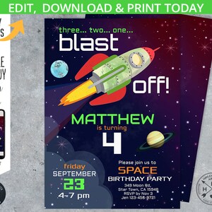 Outer Space Invitation Out of This World Astronaut Blast off Rocket ...
