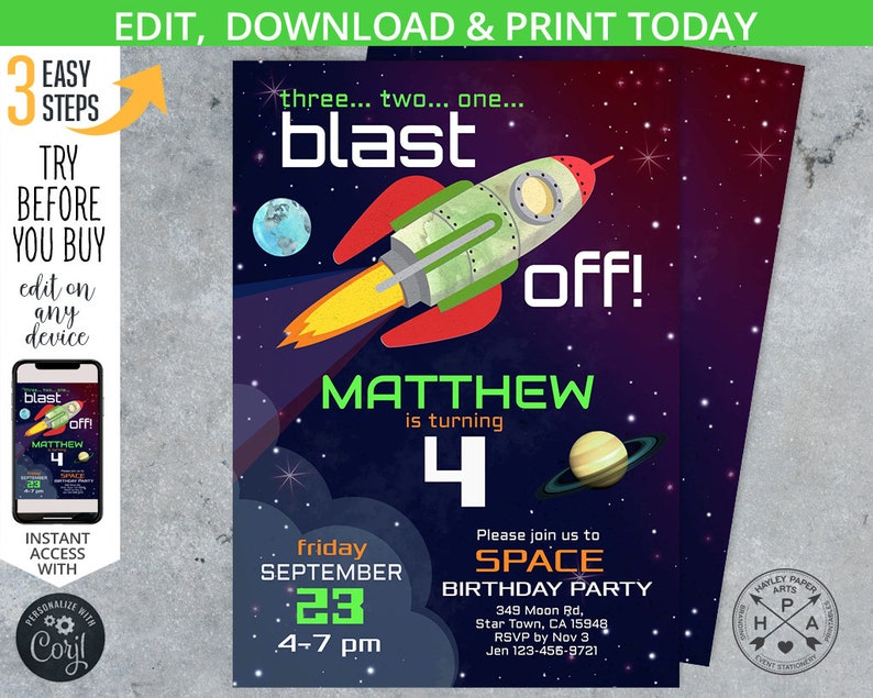 Outer Space Invitation Out of This World Astronaut Blast off | Etsy