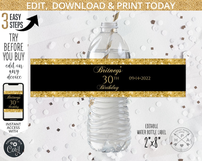 Water Bottle Label, Black and Gold Glitter Golden Script Minimalistic ...
