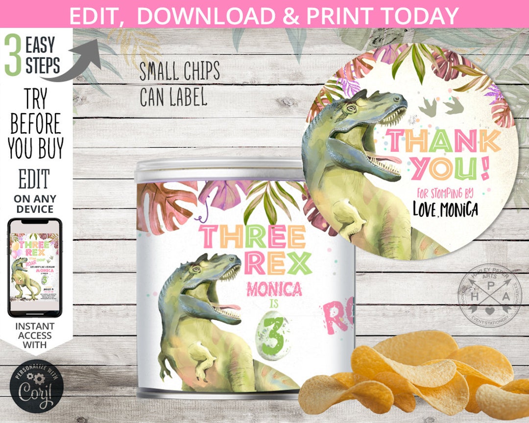 Three Rex Dinosaur Mini Chips Can Label Wrapper Dino T-rex Dino-mite ...