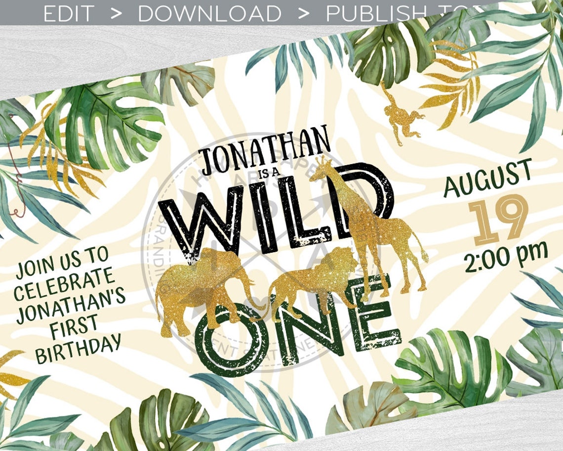 Jungle Wild One Facebook Event Cover, Social Media Party Banner, Gold ...