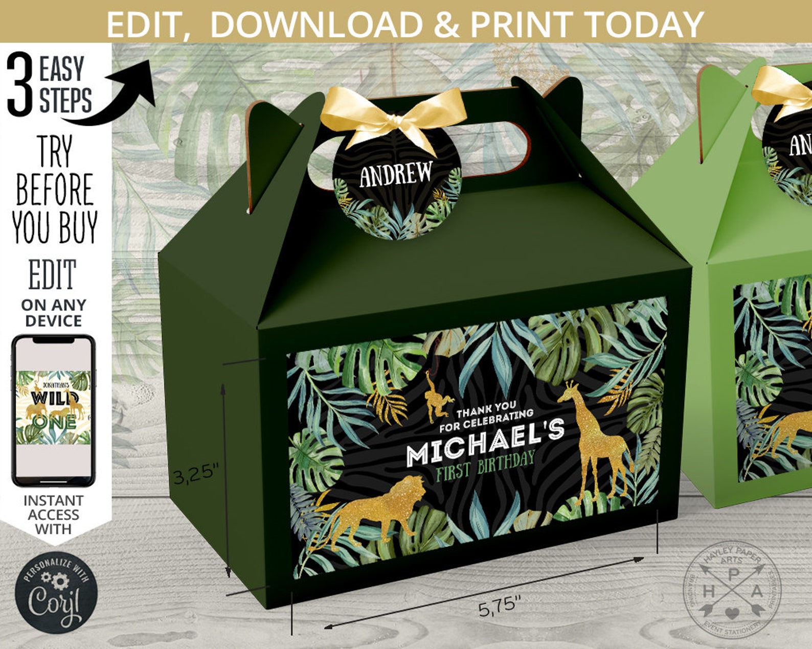 EDITABLE Jungle Gift Box Labels, Guest Name Tags. Handle Favor Takeway ...