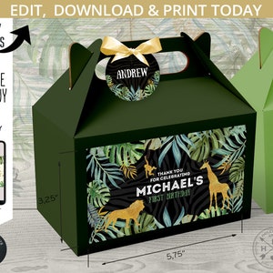 EDITABLE Jungle Gift Box Labels, Guest Name Tags. Handle Favor Takeway ...