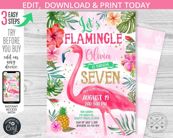 Let's Flamingle Birthday Invitation Flamingo Tropical - Etsy