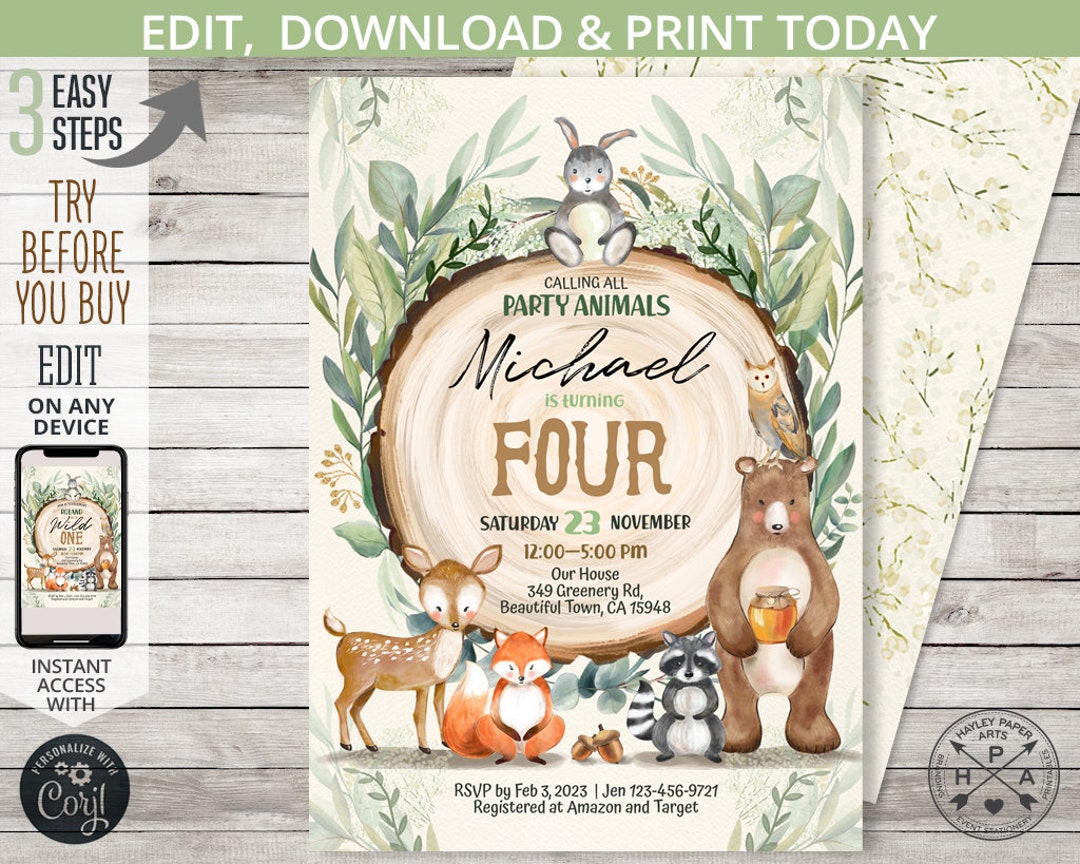 Woodland Party Animals Birthday Invitation Boy Any Age Forest Wood ...
