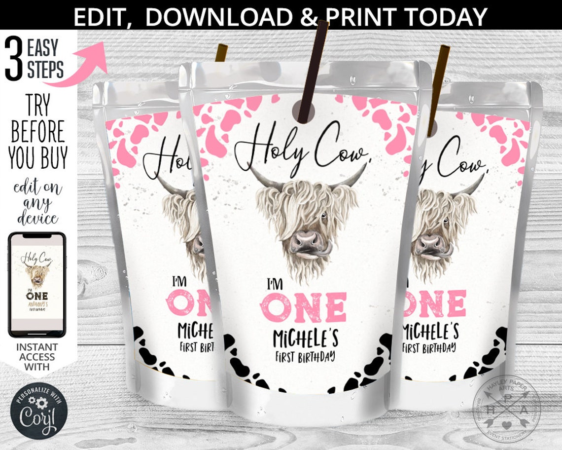 Holy Cow Label I'm ONE Juice Bag Label Highland Cow Capri - Etsy