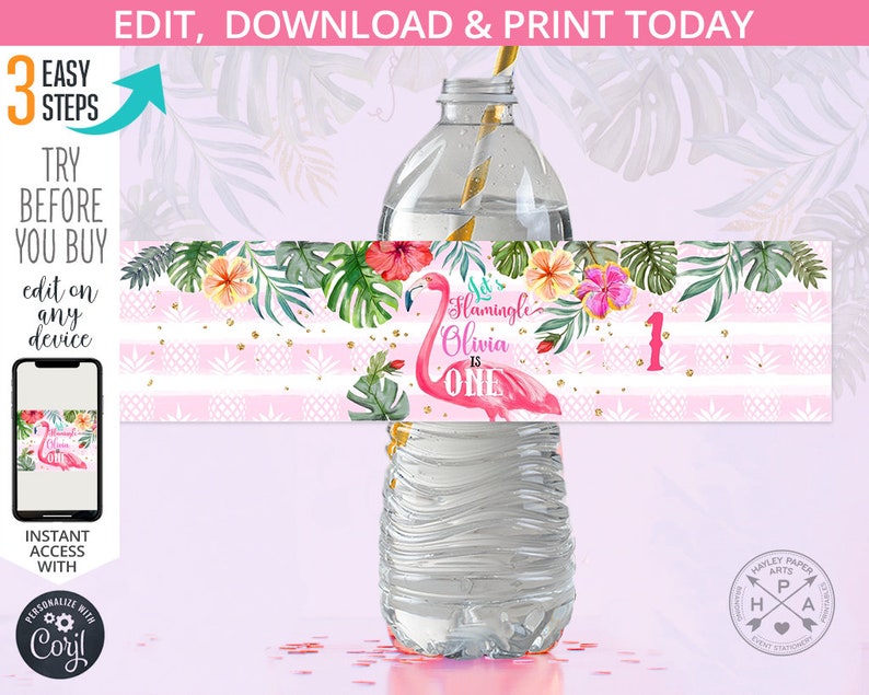 Flamingo Water Bottle Label Birthday Tropical Pineapple Pink Let's ...