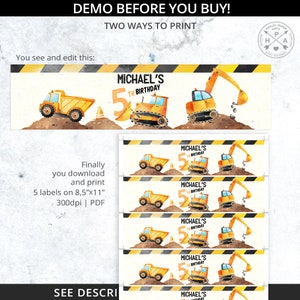 Construction Birthday Water Bottle Label Traffic Road Party. Yellow ...