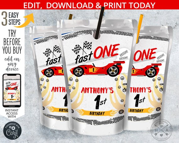 Fast ONE car race juice bag label, racing cars capri juice bags, sports ...
