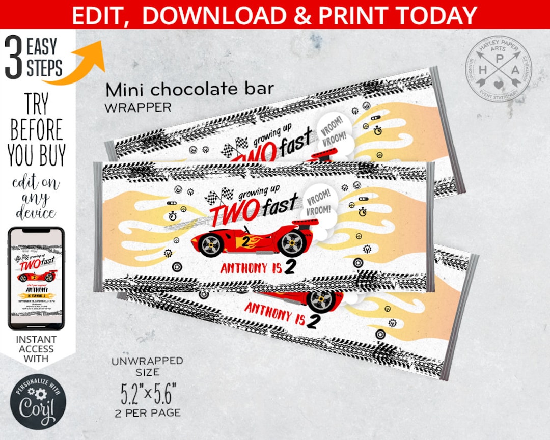 Race Car Candy Bar Label, Two Fast Sports Speed Red Racing Labels ...