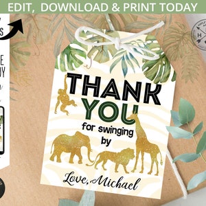 EDITABLE Jungle Gift Thank You Favor Tag Wild One Tags Gold Animals ...