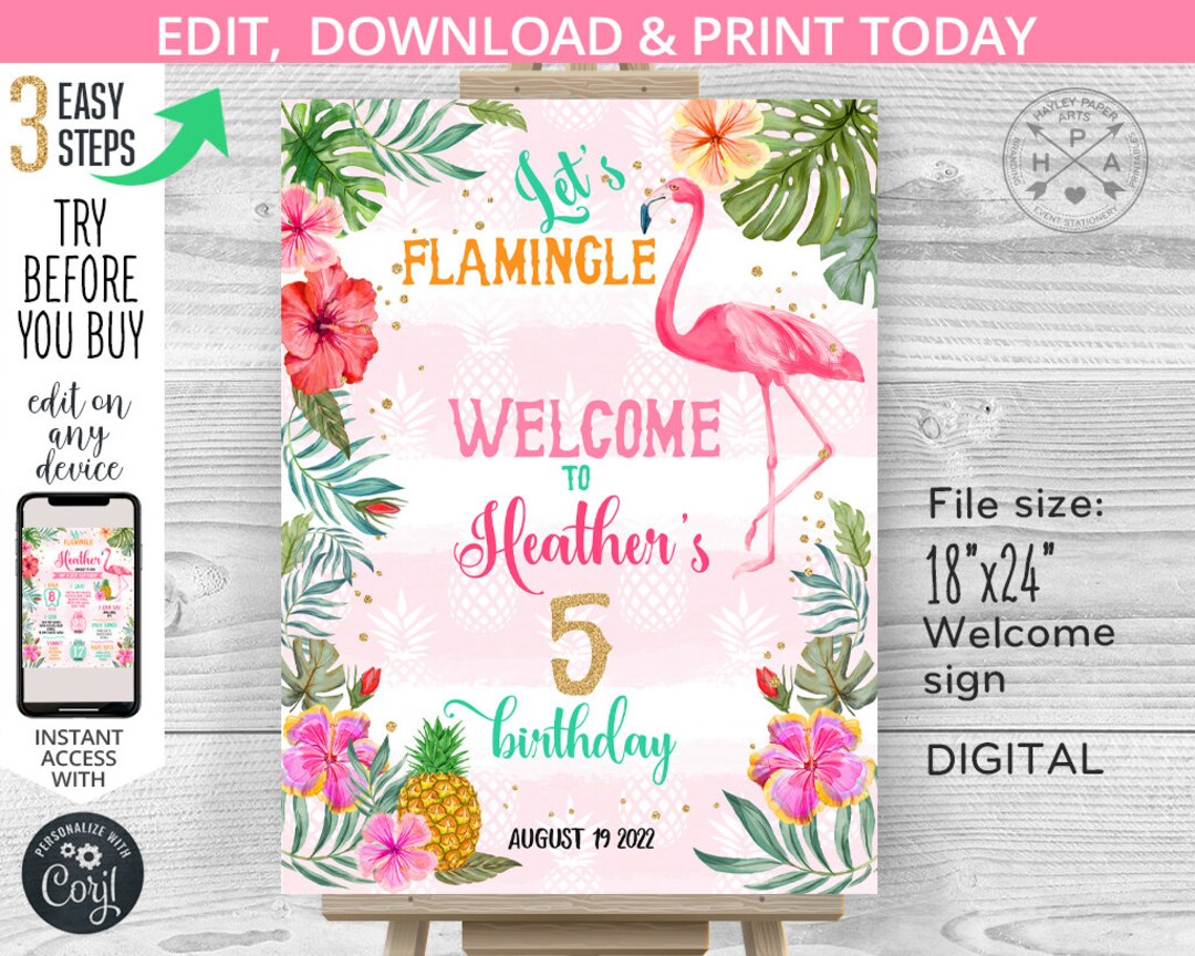 EDITABLE Flamingo Welcome Sign 18x24 Any Age Birthday Board. Let's ...