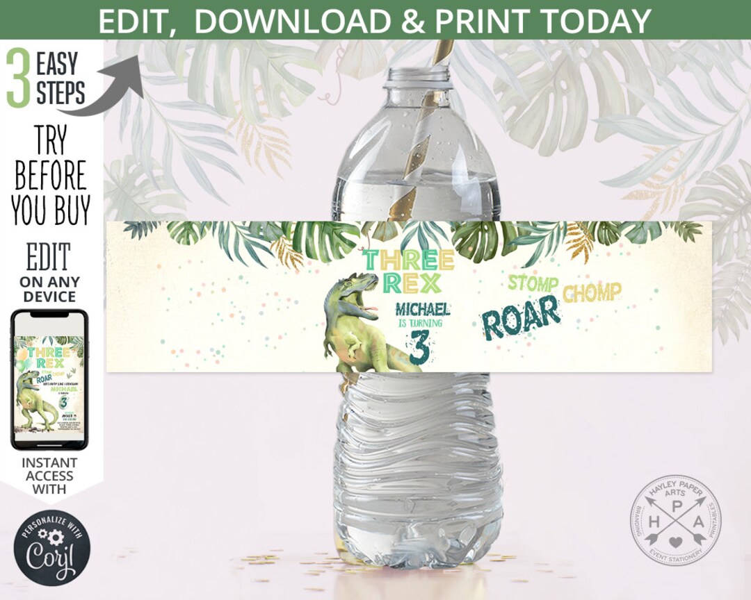 Dinosaur Three Rex Water Bottle Labels T-rex Dino-mite Party Three-rex ...