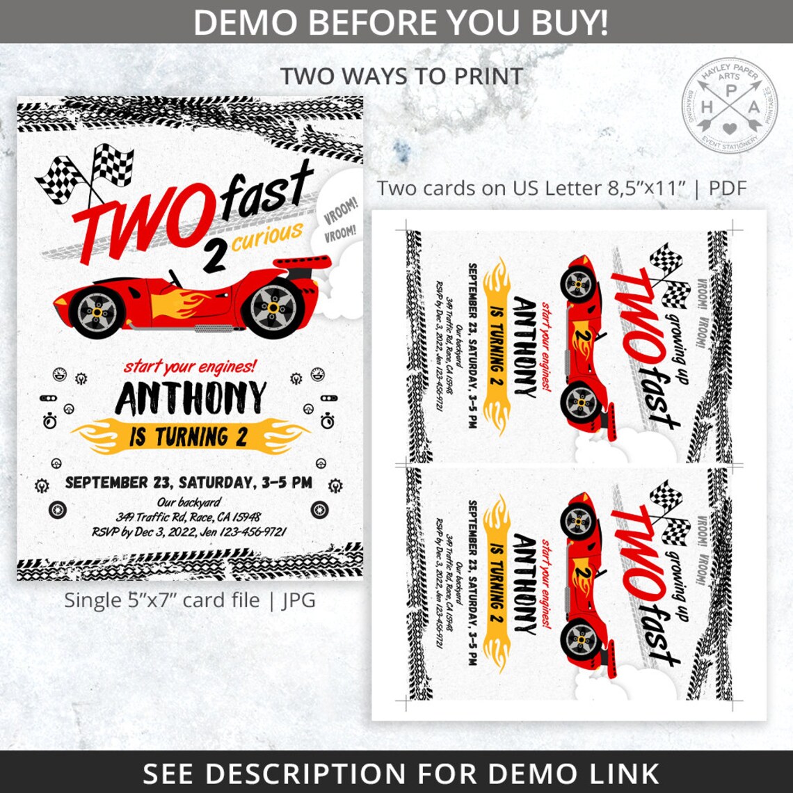 Two Fast Race Car Birthday Invitation Two Fast 2 Curious 2nd - Etsy