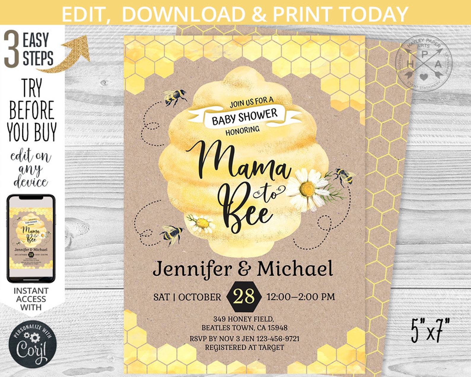 Mama to Bee Baby Shower Party Invitation Little Honeycomb Bumble Mommy ...