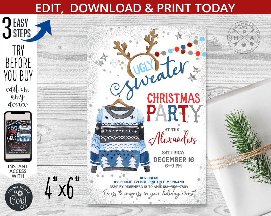 Invitación a un suéter feo. 4x6. Fiesta de Navidad, come, bebe y sé una ...